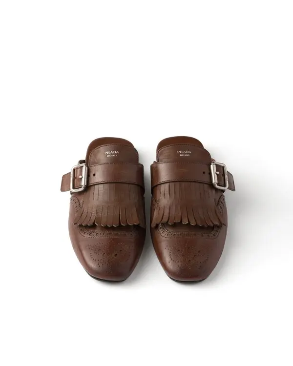Prada Shuffle Fringed Leather Mules - Brown