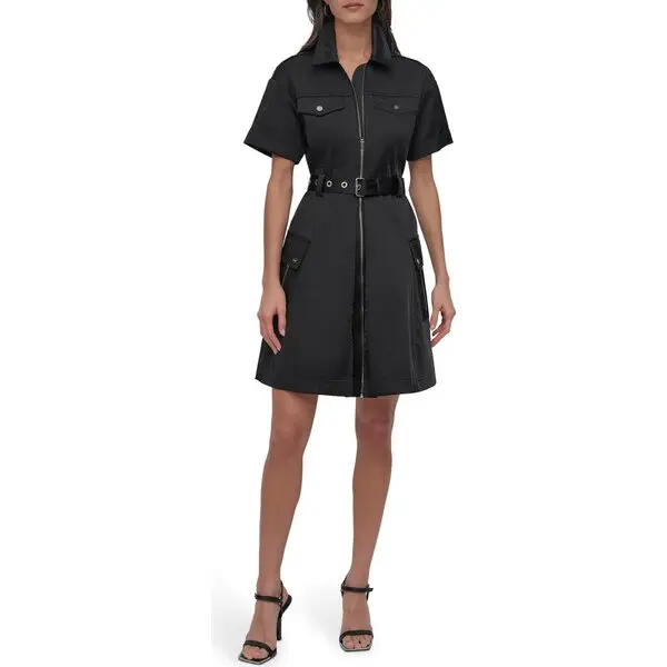Dkny Front Zip Shirt Dress - Black