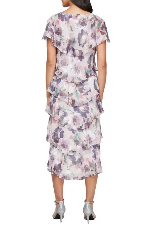 sl fashions tiered dress 9155295 Scoop Neck Midi Metallic Cocktail Floral  The Dress Outlet short sleeves Foil Chiffon Tiered Dress 