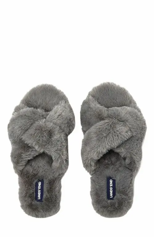 LANDS' END Fluffy Slide Slippers - Dark Gray