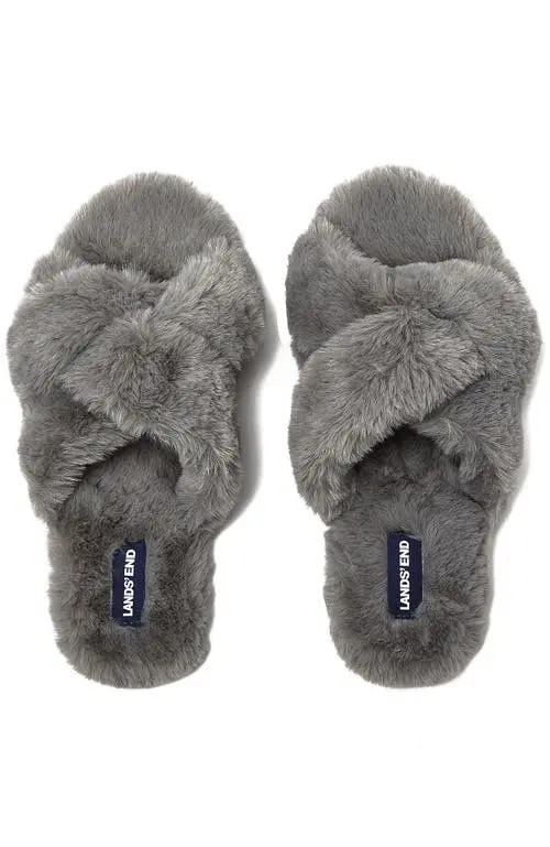 LANDS' END Fluffy Slide House Slippers - Dark Gray
