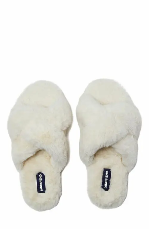 LANDS' END Fluffy Slide Slippers - Natural