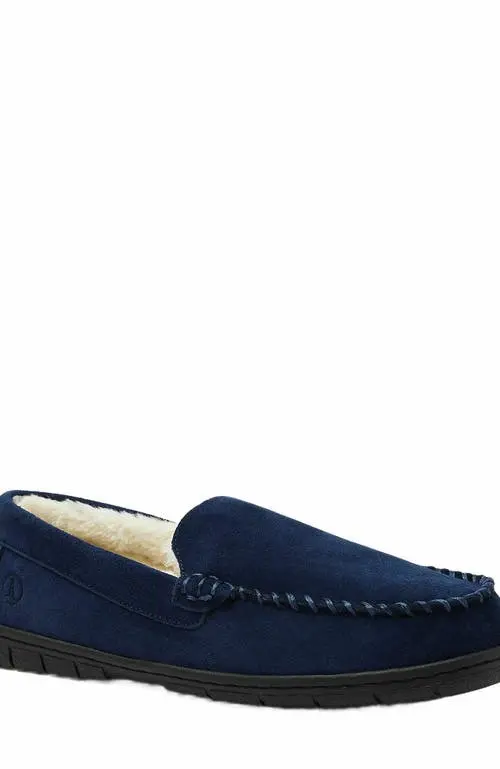 LANDS' END Fuzzy Lined Suede Moccasin Slippers - Radiant Navy Suede