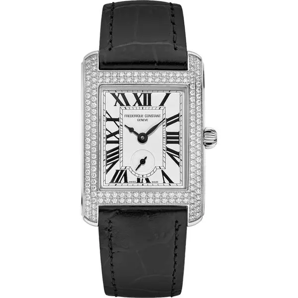 FREDERIQUE CONSTANT Classic Carrèe Diamond Leather Strap Watch - Black