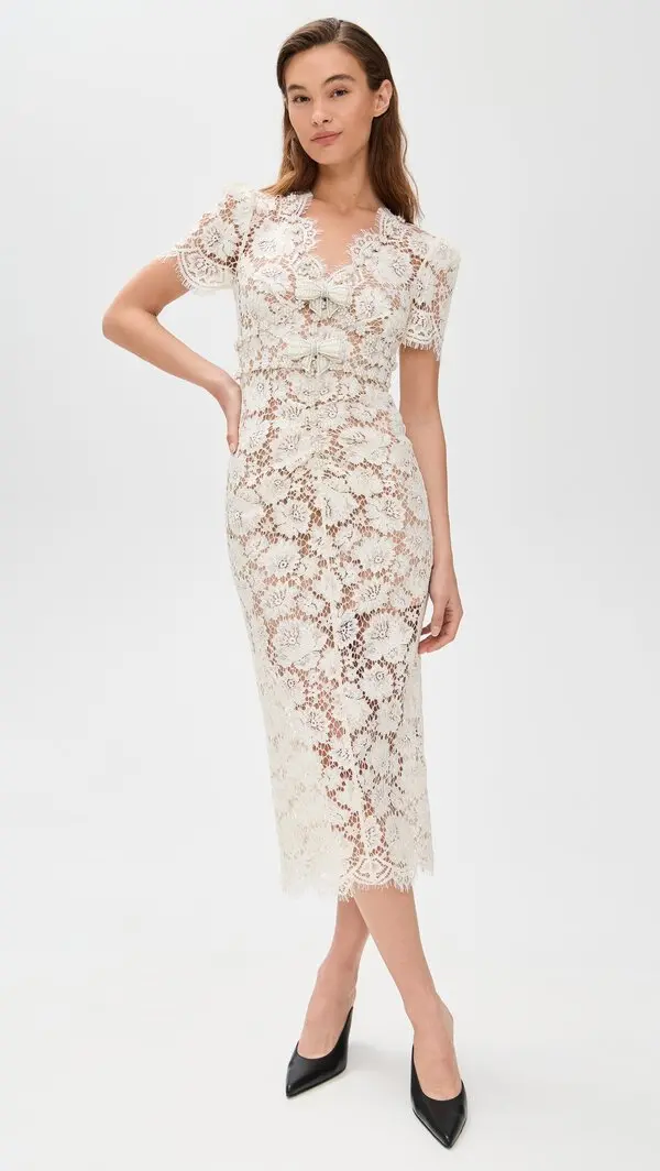 Self-Portrait Fine Lace Pearl Midi Dress In Beige - 50% Off | Editorialist