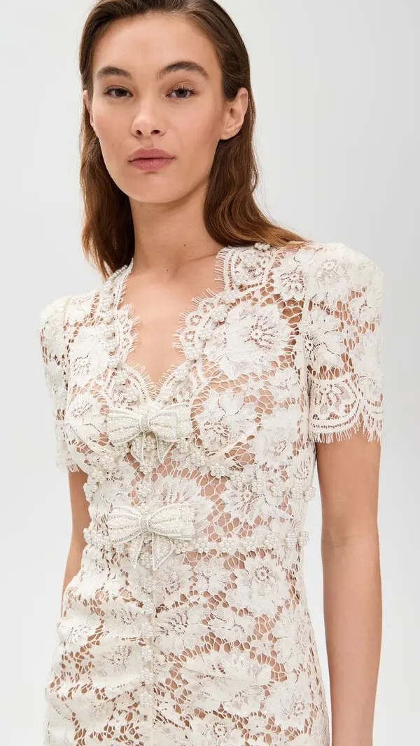 Self-Portrait Fine Lace Pearl Midi Dress In Beige - 50% Off | Editorialist