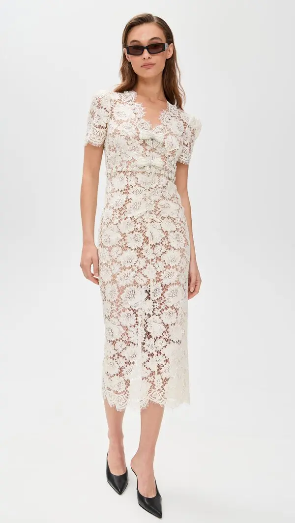 Self-Portrait Fine Lace Pearl Midi Dress In Beige - 50% Off | Editorialist