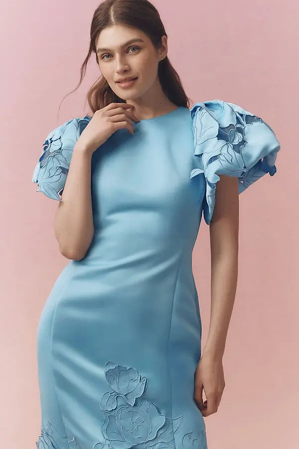 cornflower blue dress with sleeves Navy Velvet Drape Gown with Puffed Sleeves by Badgley Mischka main image 0