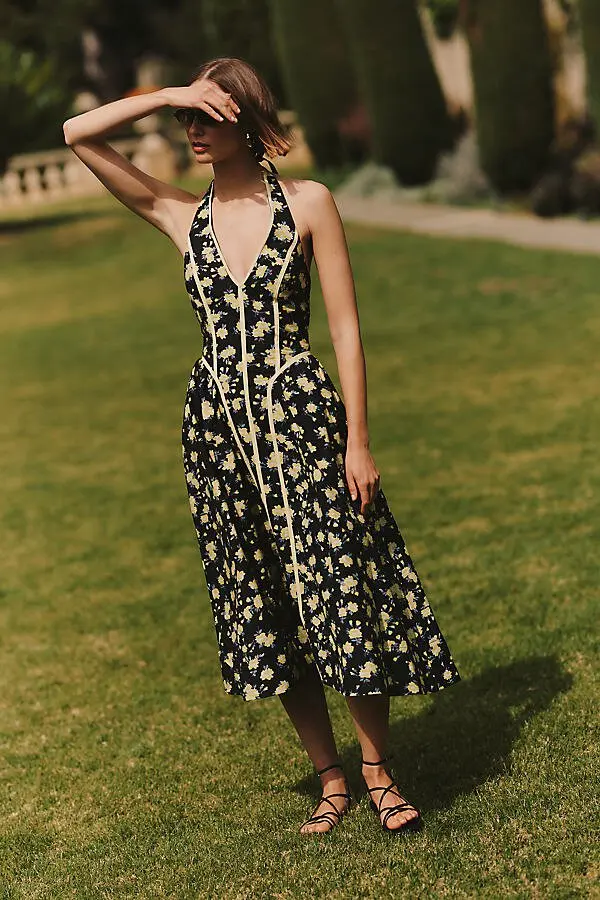 Anthropologie Halter V-neck Midi Dress - Yellow Floral