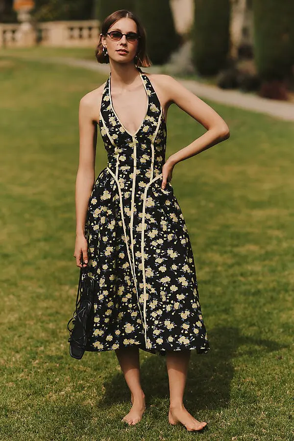 Halter V-Neck Fit & Flare Midi Dress by Anthropologie, Size: Medium