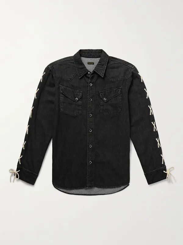 Kapital Slim-fit Leather-trimmed Lace-up Denim Shirt