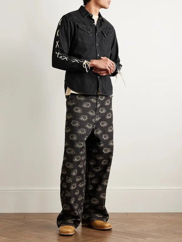 Kapital Slim-fit Leather-trimmed Lace-up Denim Shirt