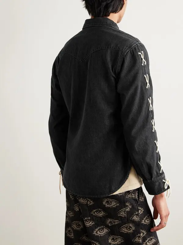 Kapital Slim-fit Leather-trimmed Lace-up Denim Shirt