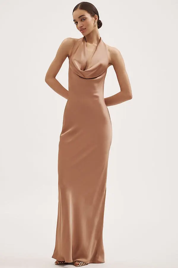 Norma Kamali Halter Draped Cowl-Neck Fishtail Maxi Dress In Cappuccino -  29% Off | Editorialist