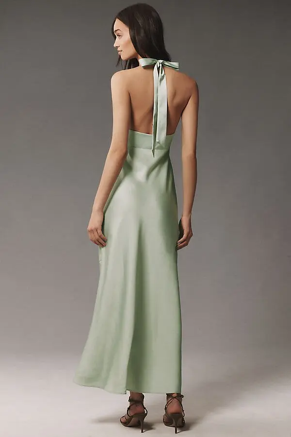 Bhldn Tessa Halter V-Neck High-Shine Satin Maxi Dress In Green Lily - 31%  Off | Editorialist