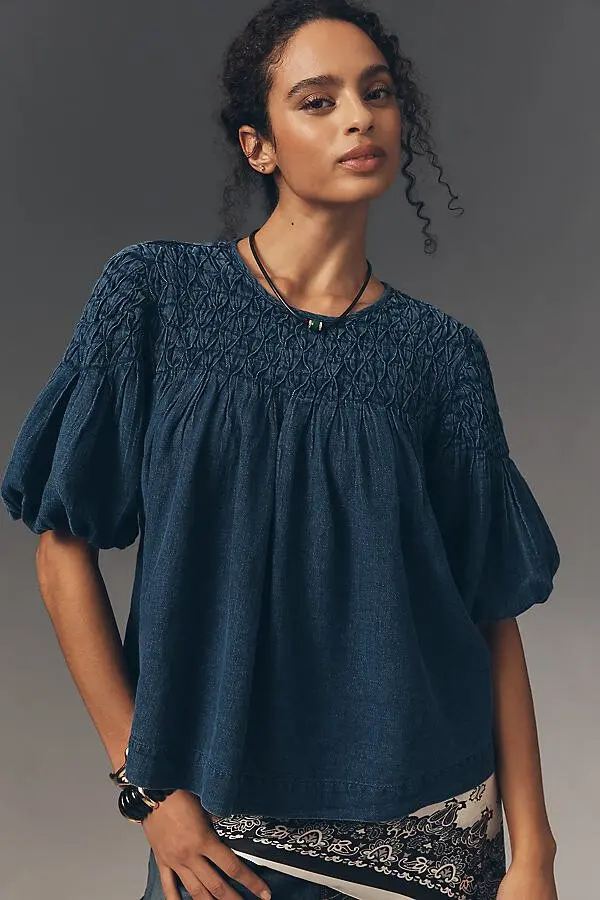 Anthropologie Liza Smocked Denim Blouse - Dark Denim