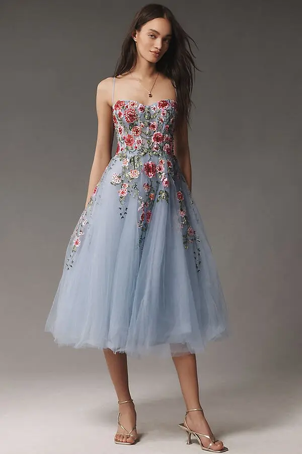 mac duggal blue bustier embroidered floral a-line dress Mac Duggal - Green Applique High Neck Puff Sleeve A Line Dress