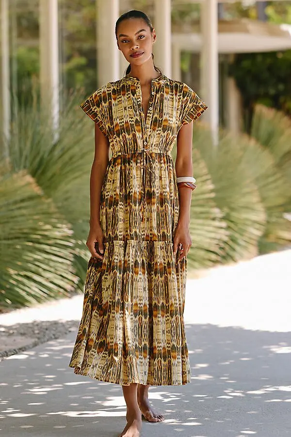 RO'S GARDEN Mumi Cap-sleeve Midi Dress - Brown Pattern
