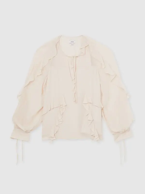 REISS Zaria Ruffle Trim Tie Neck Top