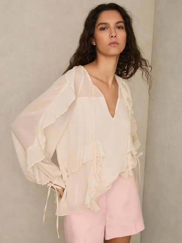 REISS Zaria Ruffle Trim Tie Neck Top