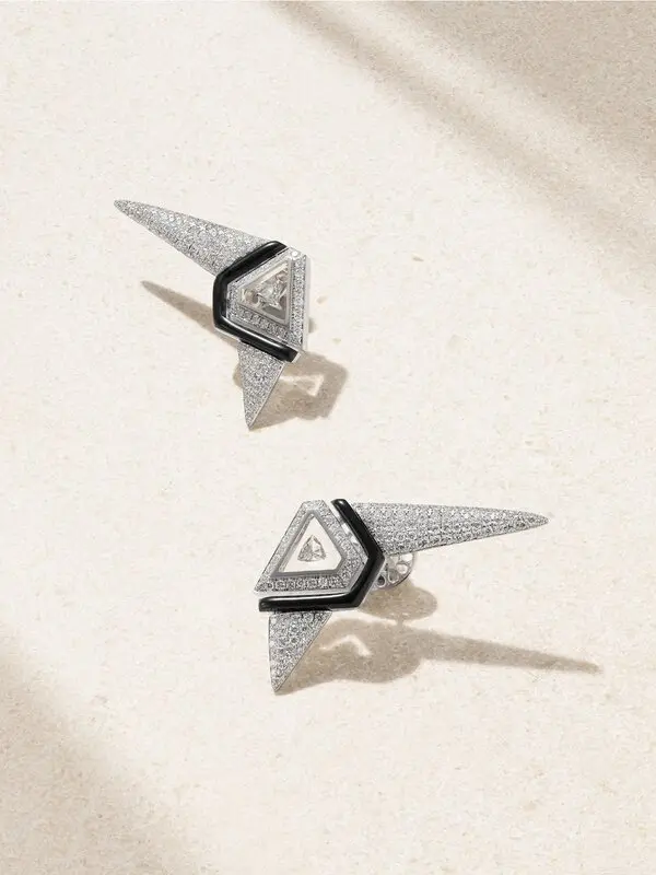 Nikos Koulis Universe 18-karat White Gold, Diamond And Enamel Earrings - Silver