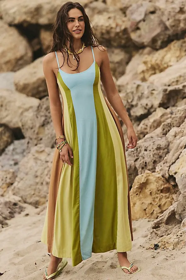 Free People Colorblocked Maxi Dress Green Combo Editorialist