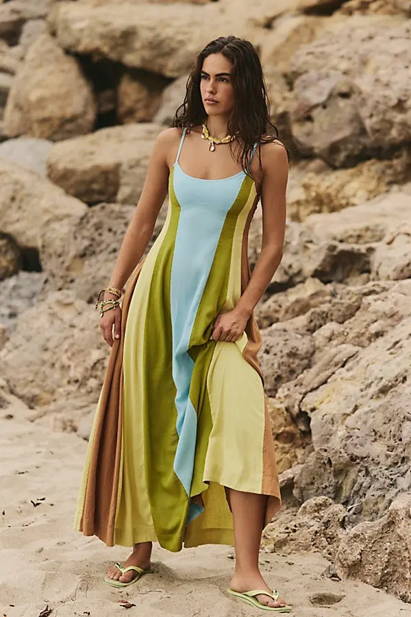 Free People Colorblocked Maxi Dress - Green Combo | Editorialist