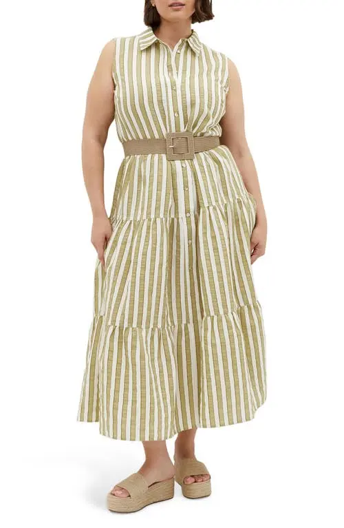 City Chic Clean Lines Belted Midi Shirtdress - Moss Stripe