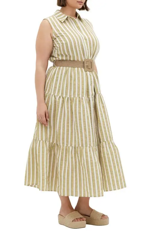 City Chic Clean Lines Belted Midi Shirtdress - Moss Stripe