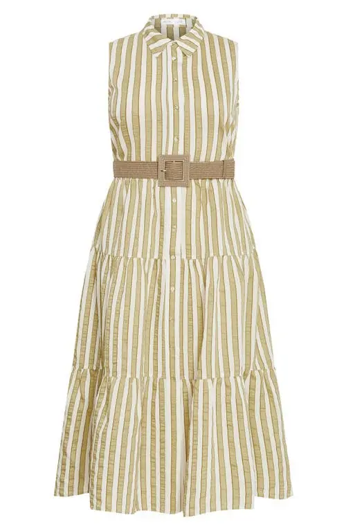 City Chic Clean Lines Belted Midi Shirtdress - Moss Stripe