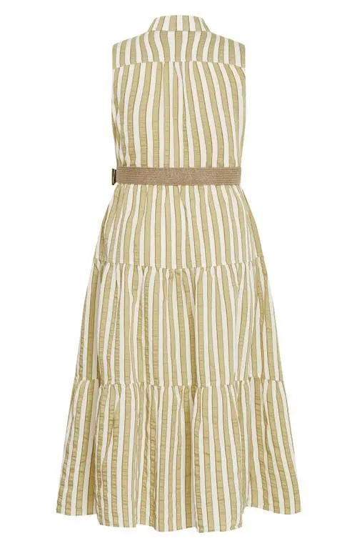 City Chic Clean Lines Belted Midi Shirtdress - Moss Stripe
