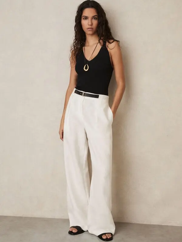REISS Analise Linen Belted Wide-leg Trousers - White