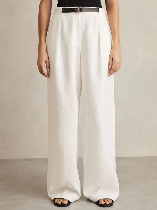 REISS Analise Linen Belted Wide-leg Trousers