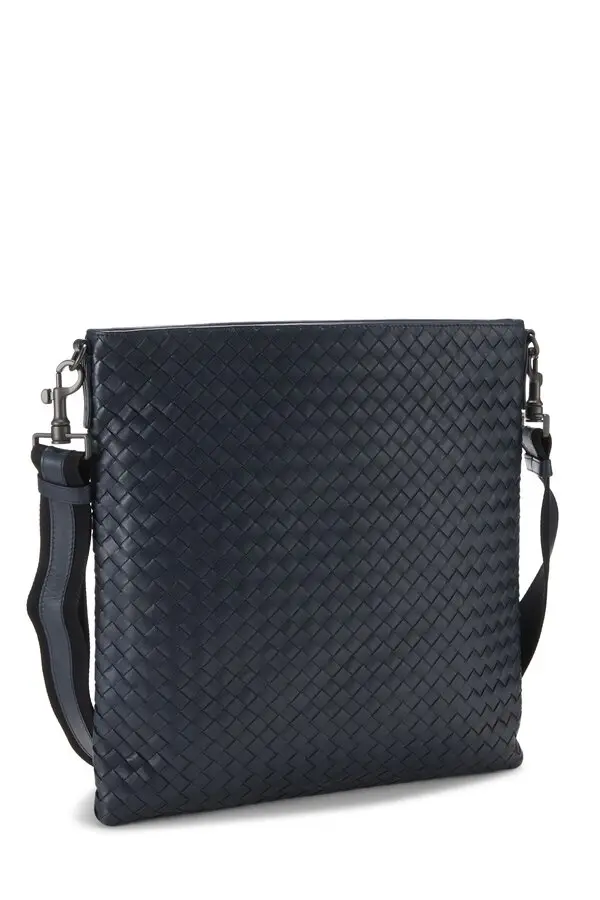 Bottega Veneta Intrecciato Leather Flat Messenger Bag - Navy