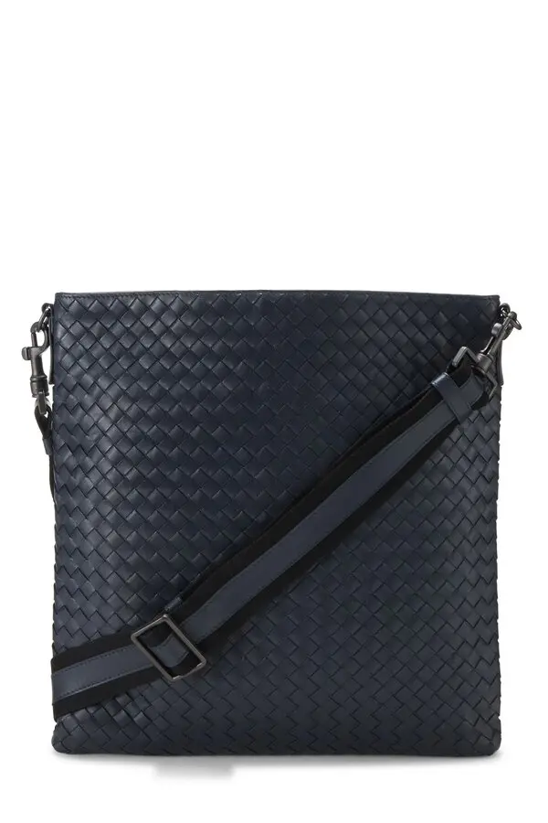 Bottega Veneta Intrecciato Leather Flat Messenger Bag - Navy