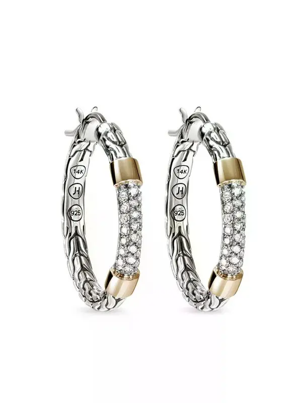 John Hardy Sterling 14k Yellow Gold Diamond Hoop Earrings - Silver