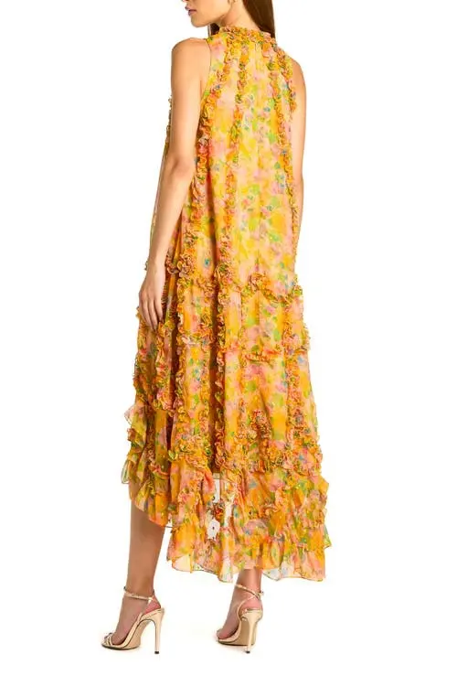 Mac Duggal Sleeveless Floral Micro Ruffle Gown - Mango Multi