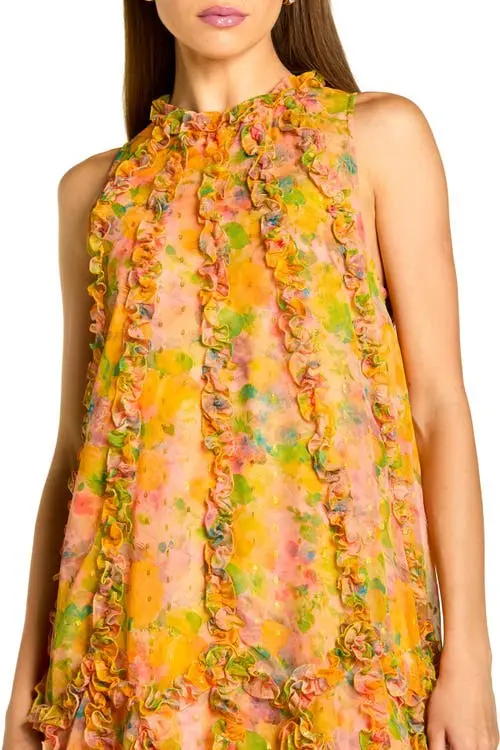 Mac Duggal Sleeveless Floral Micro Ruffle Gown - Mango Multi