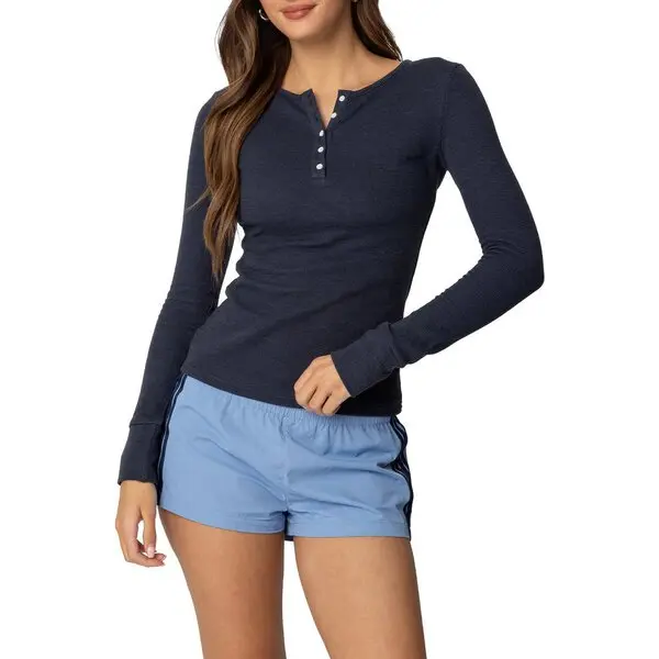 EDIKTED Helanie Waffle Knit Henley - Dark-blue