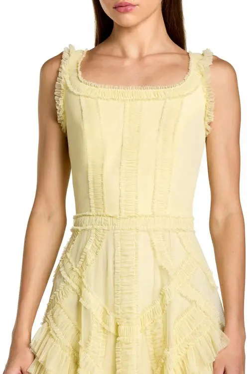 Mac Duggal Scoop Neck Sleeveless Ruffle Midi Dress - Buttercup