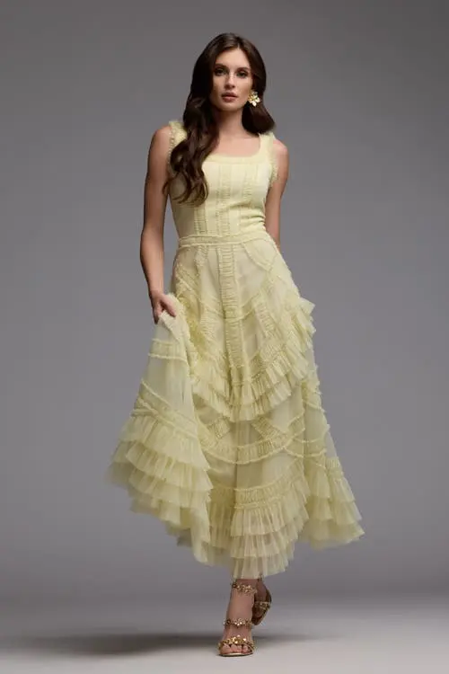 Mac Duggal Scoop Neck Sleeveless Ruffle Midi Dress - Buttercup