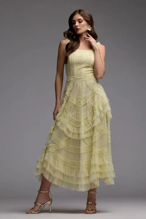 Mac Duggal Scoop Neck Sleeveless Ruffle Midi Dress - Buttercup