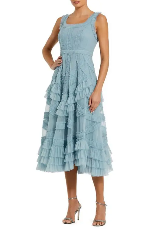 Mac Duggal Scoop Neck Sleeveless Ruffle Midi Dress - French Blue