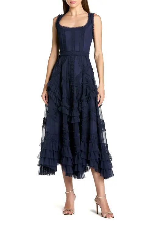 Mac Duggal Scoop Neck Sleeveless Ruffle Midi Dress - Midnight