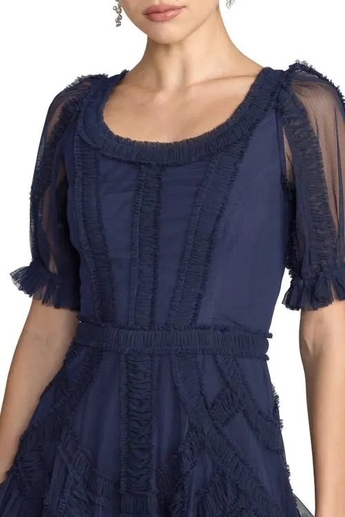 Mac Duggal Mesh Ruffle Midi Dress - Indigo