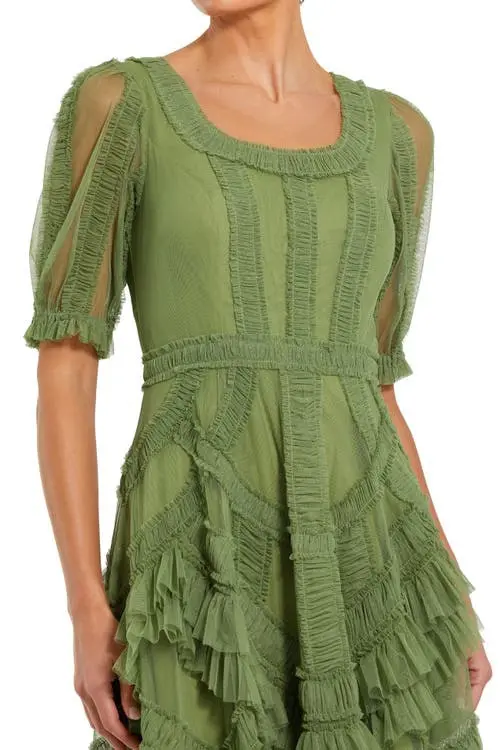 Mac Duggal Short Sleeve Mesh Ruffle Midi Dress - Moss Green