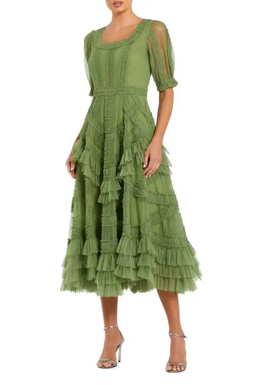 Mac Duggal Mesh Ruffle Midi Dress - Moss Green