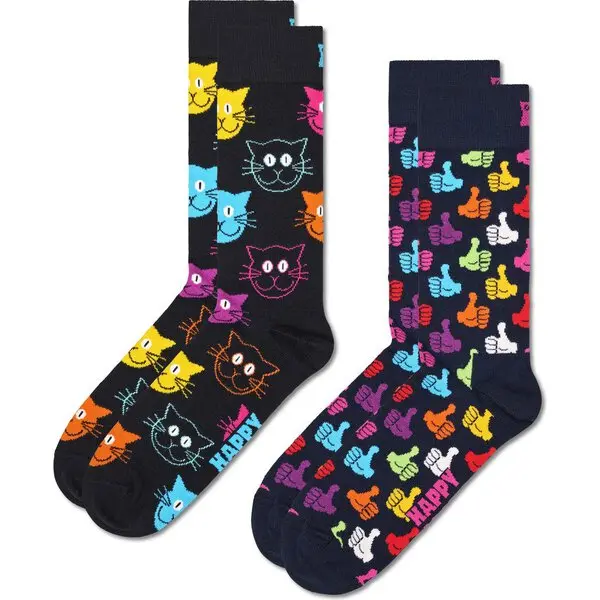 Happy Socks Classic Cat & Thumbs Up Assorted 2-pack Crew Socks - Black