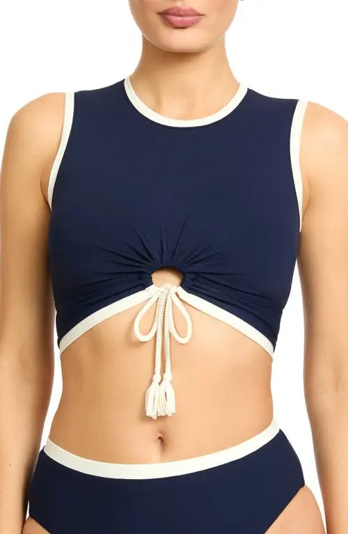 Robin Piccone Tiena Longline Knot Front Bikini Top - Navy/cream