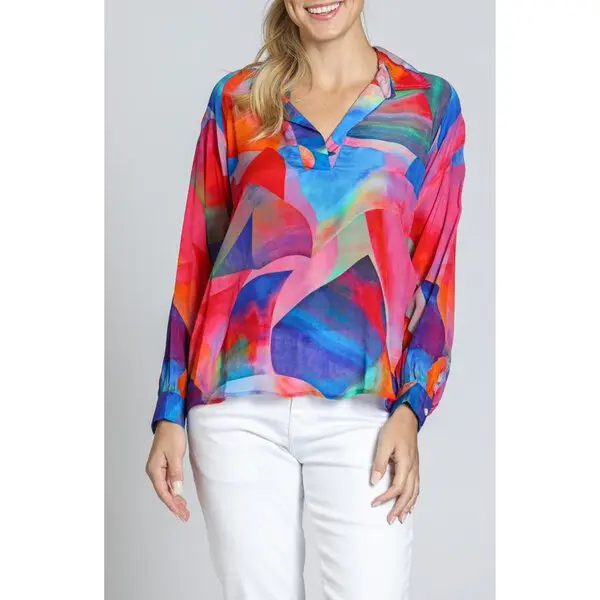 APNY Print Popover Top - Blue/ Pink Multi